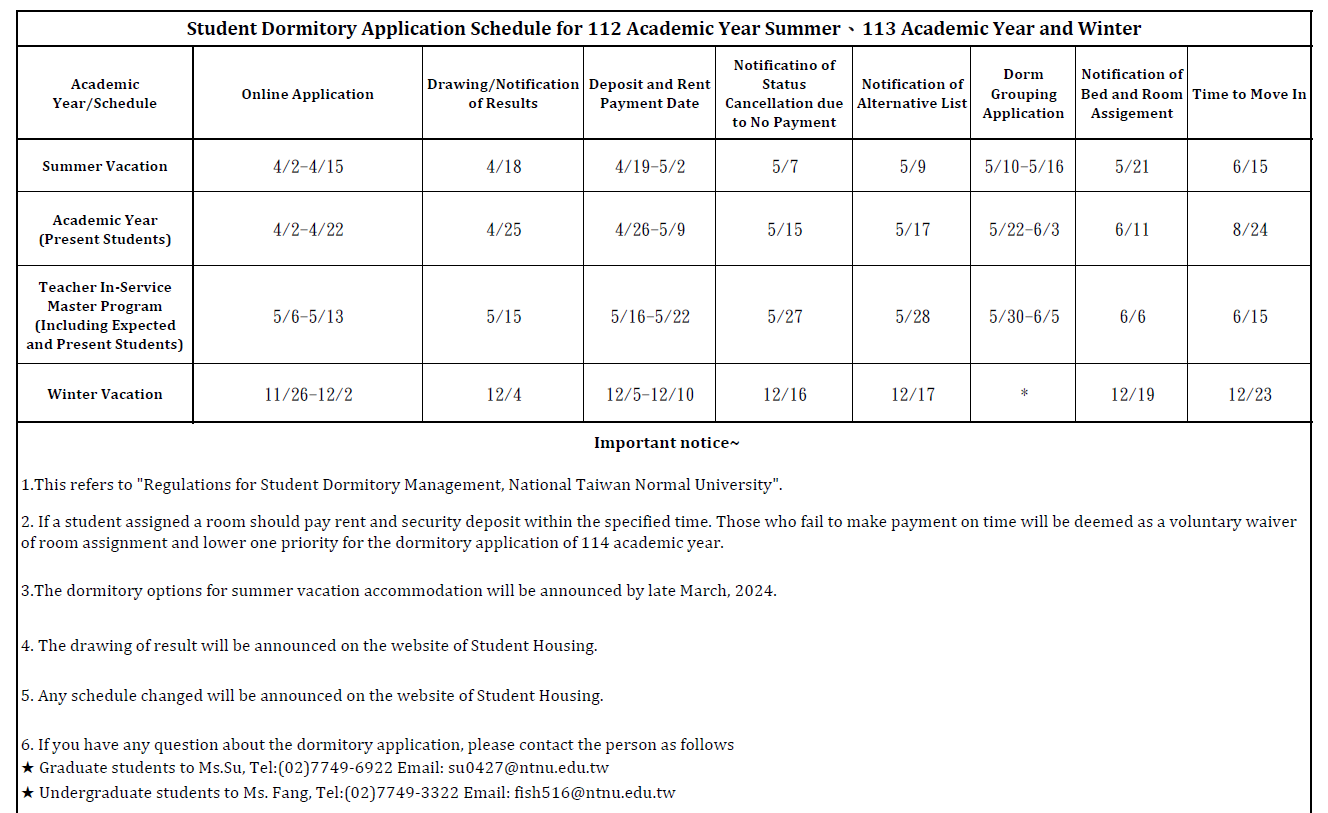 Dormitory Schedule of Move In and Out for 112 Academic Year Summer and ...